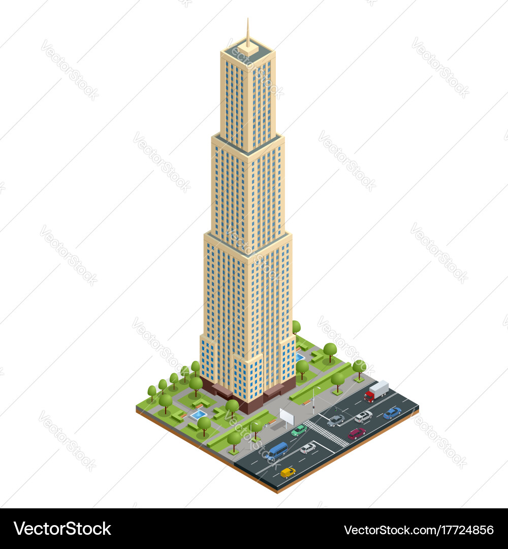 Isometric city houses composition with building Vector Image