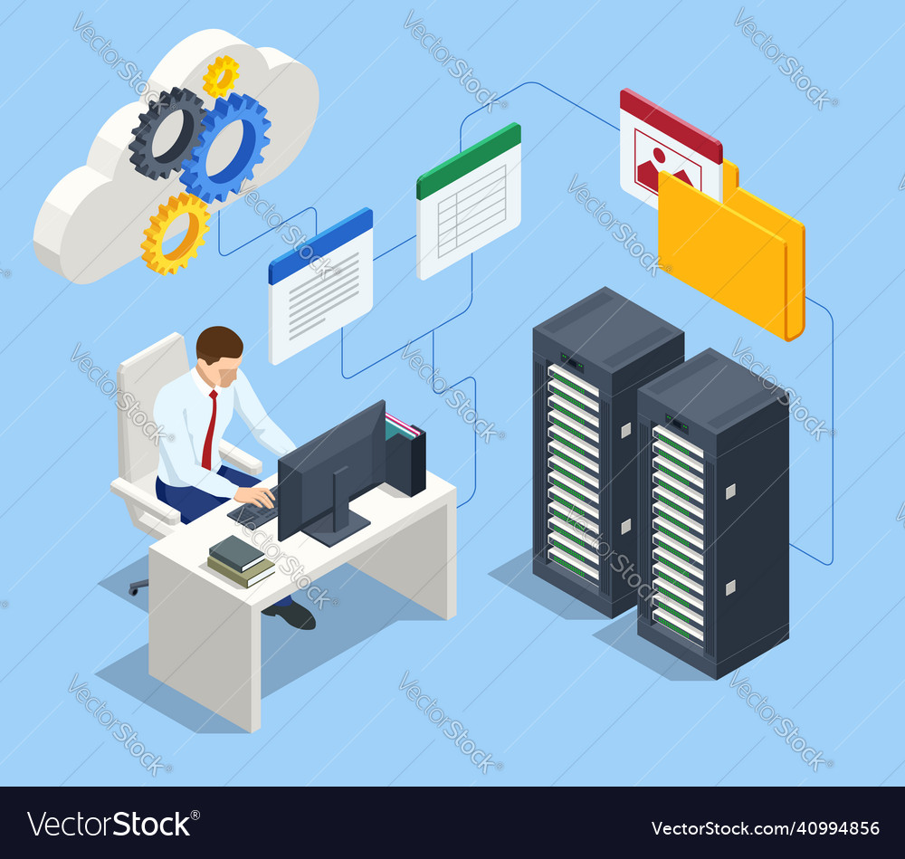 Isometric file in database document flow Vector Image
