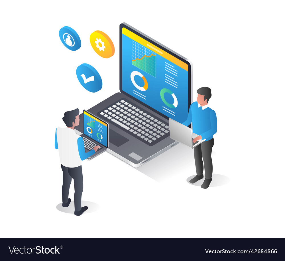 Flat Isometric Concept The Team Is Analyzing Vector Image
