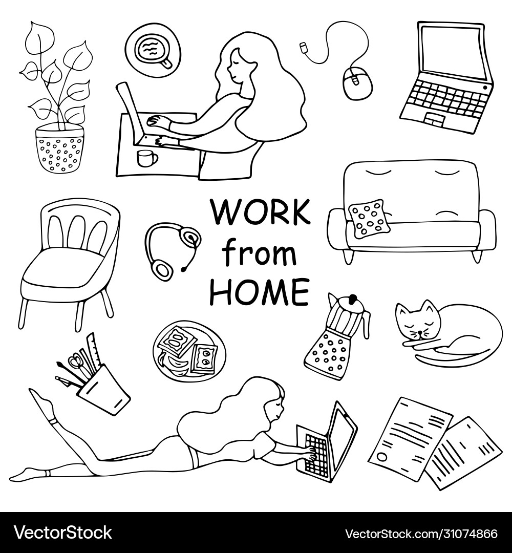 Work from home set doodles black and white 3 Vector Image