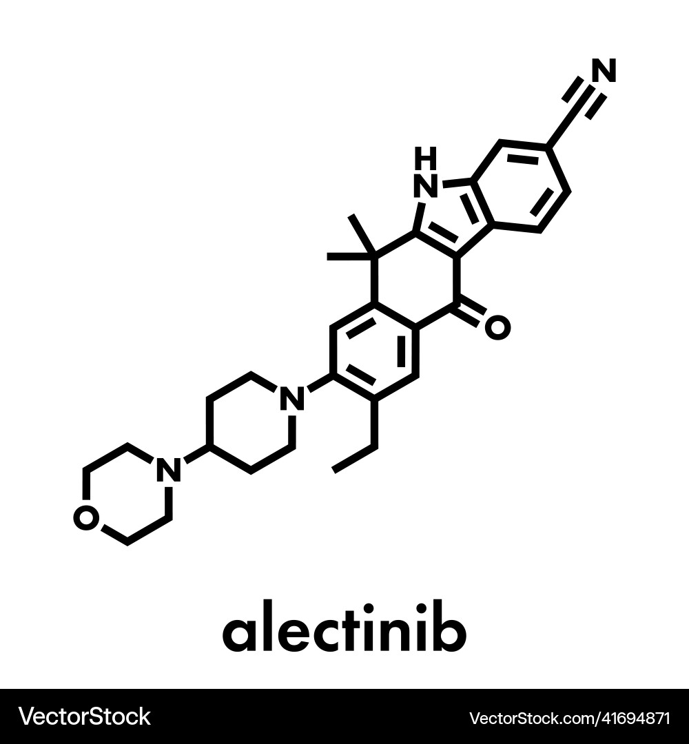Alectinib cancer drug molecule skeletal formula Vector Image