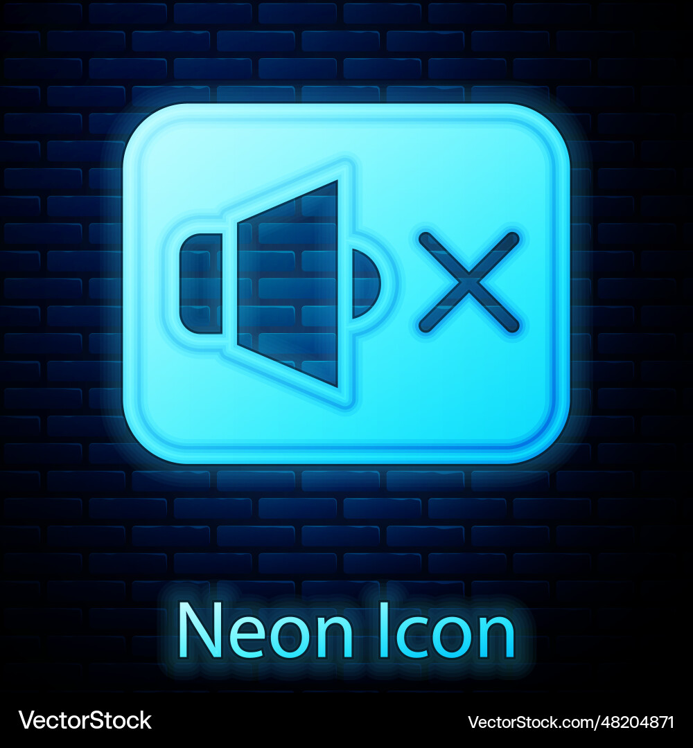 Glowing neon speaker mute icon isolated on brick Vector Image