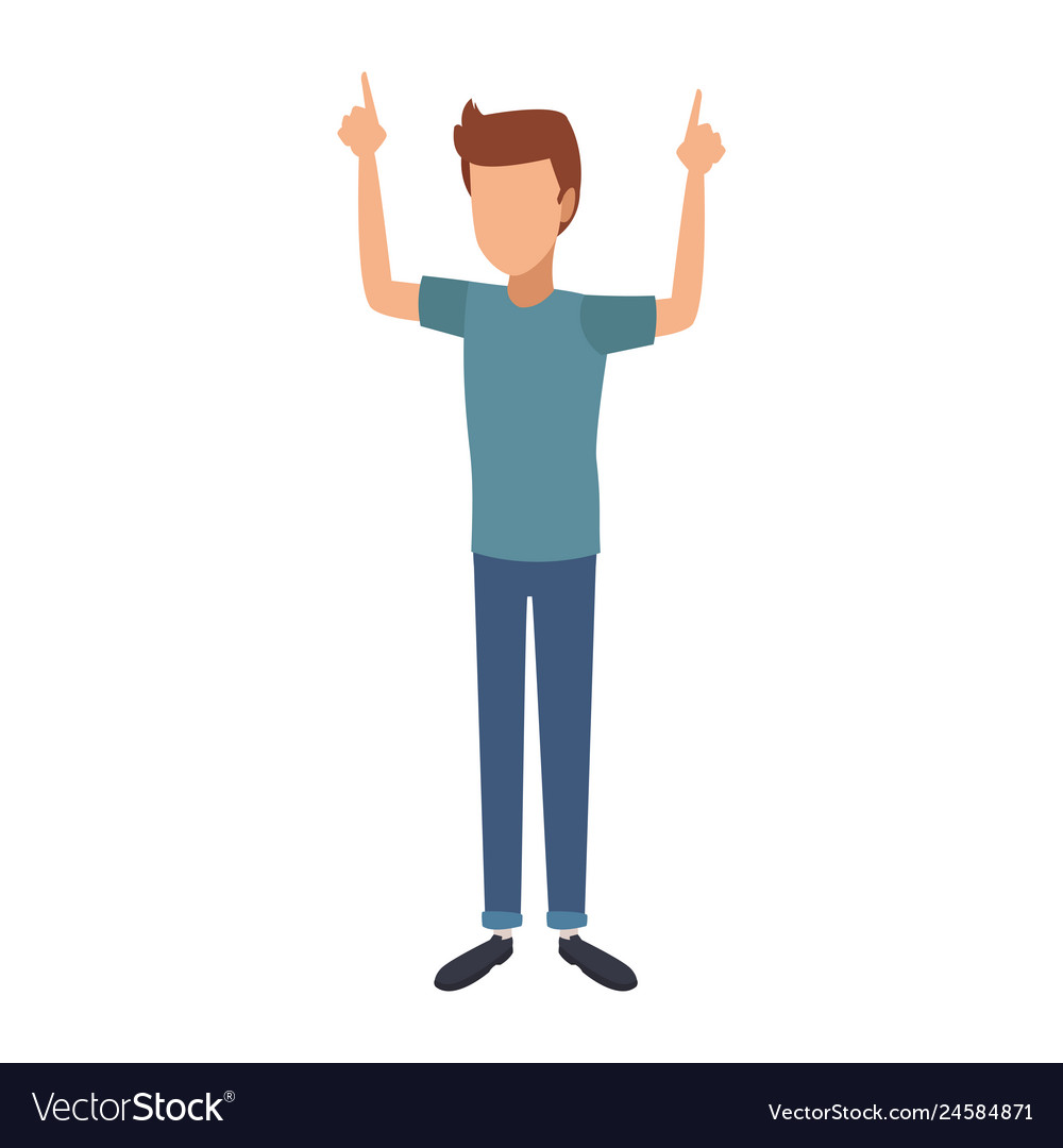 Young man pointing up with hands Royalty Free Vector Image