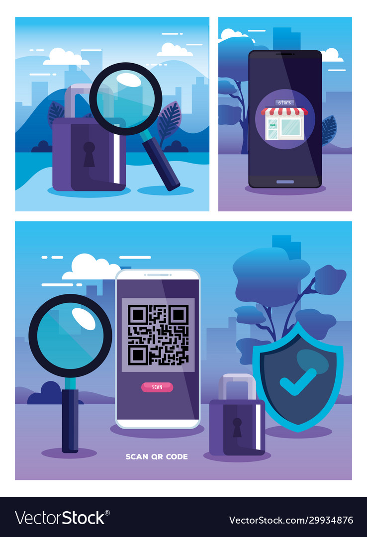 Qr code smartphone padlock lupe and shield Vector Image