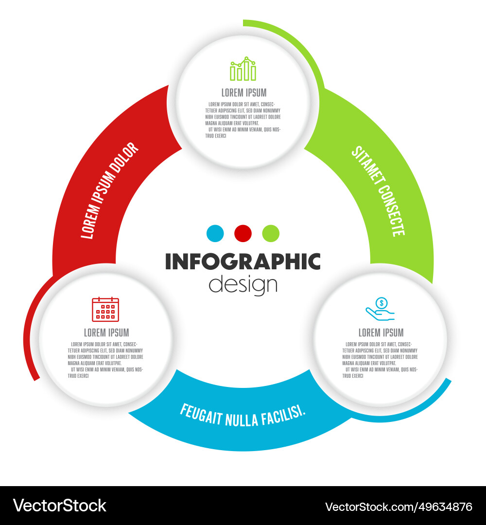 Round pie chart divided into 3 colorful parts Vector Image
