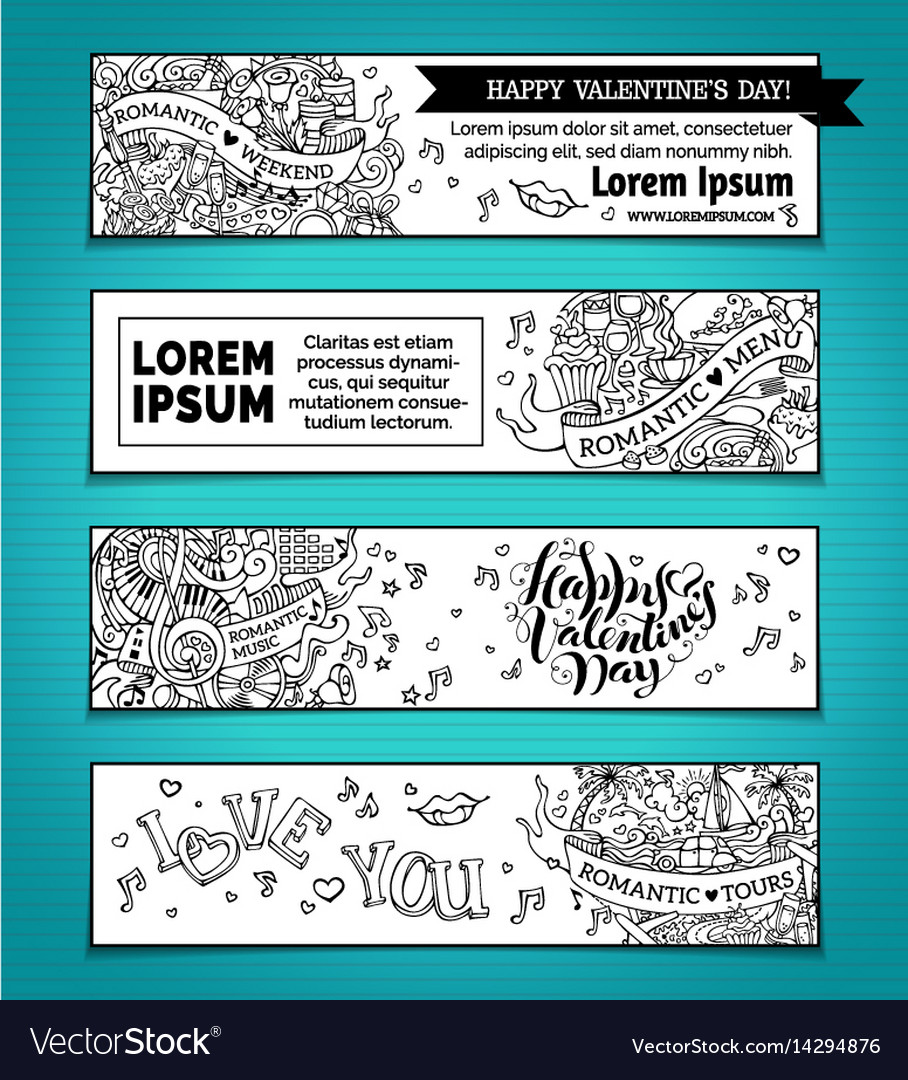Set of horizontal love doodles banners Royalty Free Vector