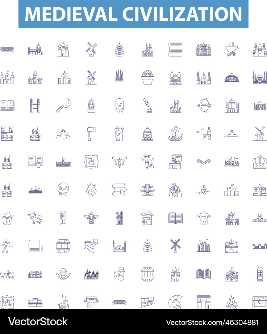 Medieval civilization line icons signs set Vector Image