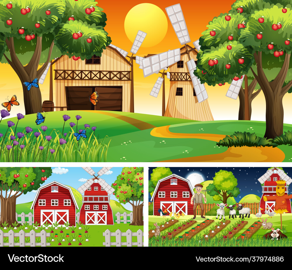 Different farm scenes with farm animals cartoon Vector Image