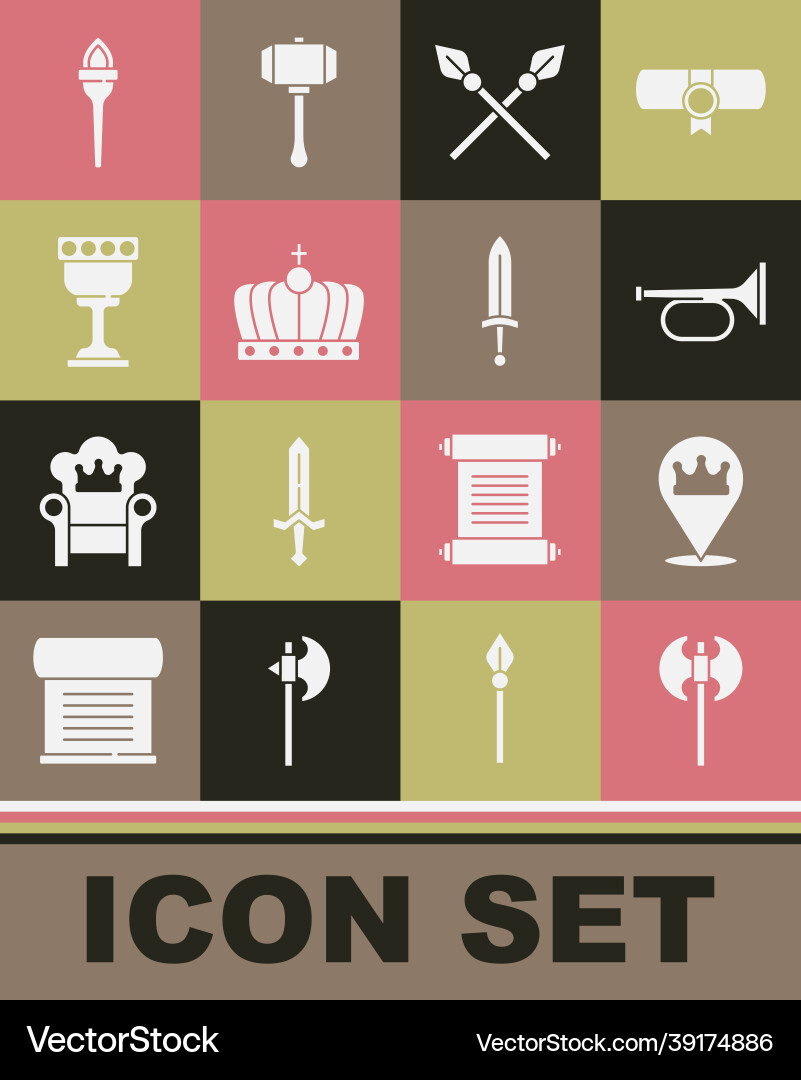 Set medieval axe location king crown trumpet Vector Image