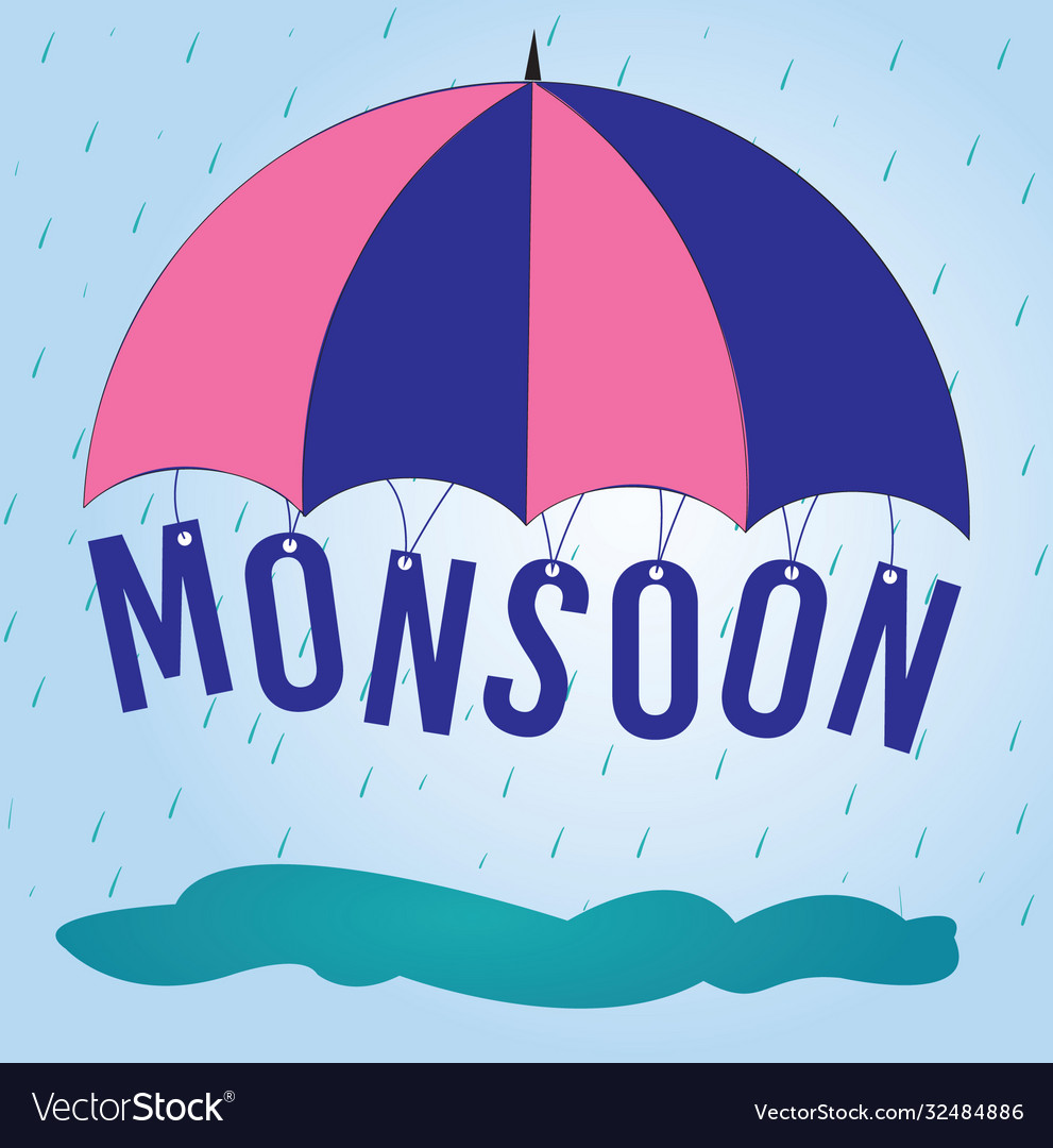 Umbrella with monsoon letters attached to it Vector Image