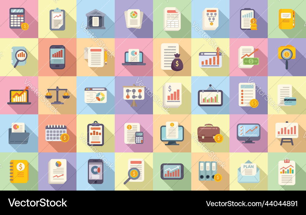 Financial planning icons set flat manage risk Vector Image