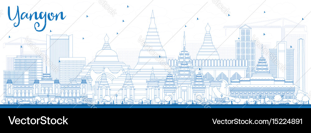 Outline yangon skyline with blue buildings Vector Image