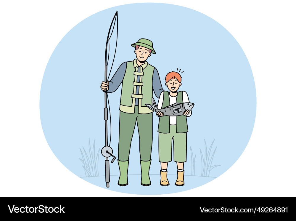 Smiling father and son excited with fish catch Vector Image