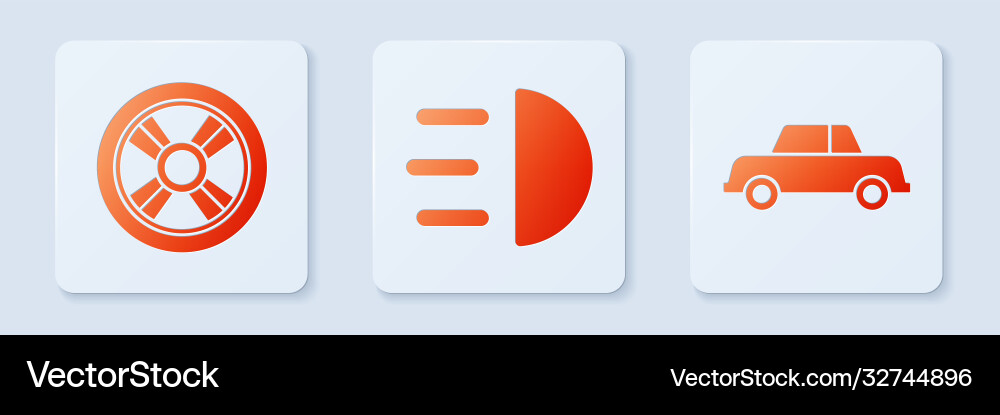 Set high beam car wheel and car white square Vector Image