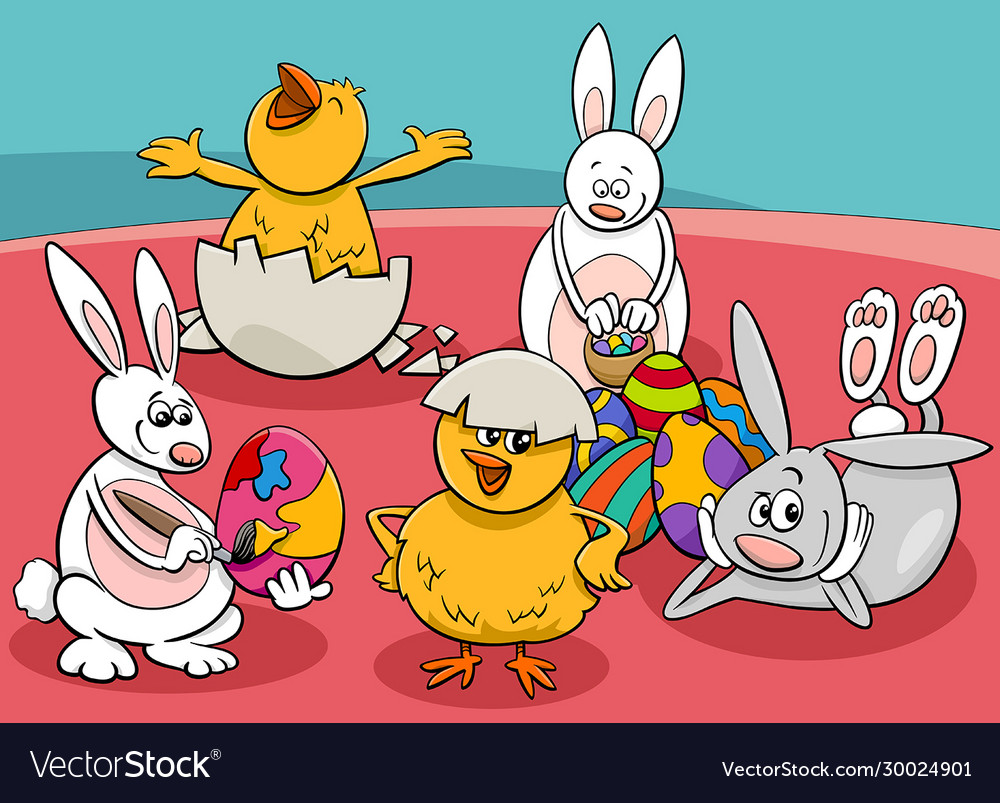 Cartoon easter characters group comic Royalty Free Vector