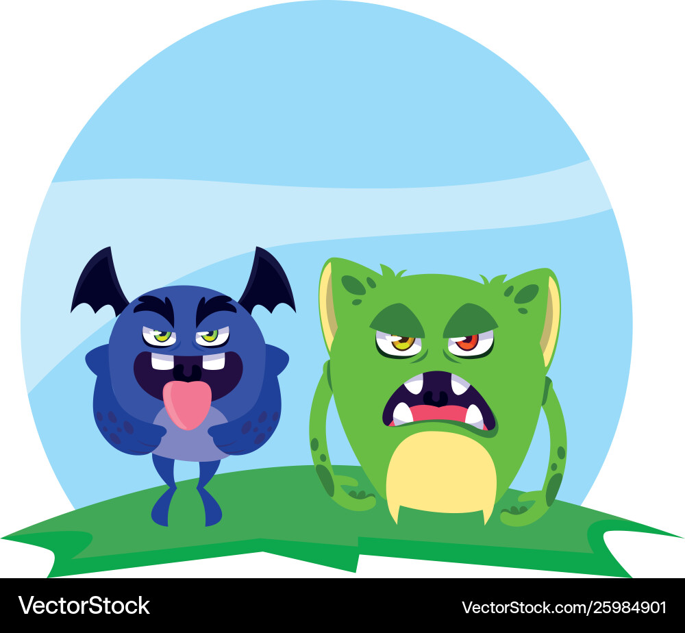 Funny monsters couple in field characters Vector Image
