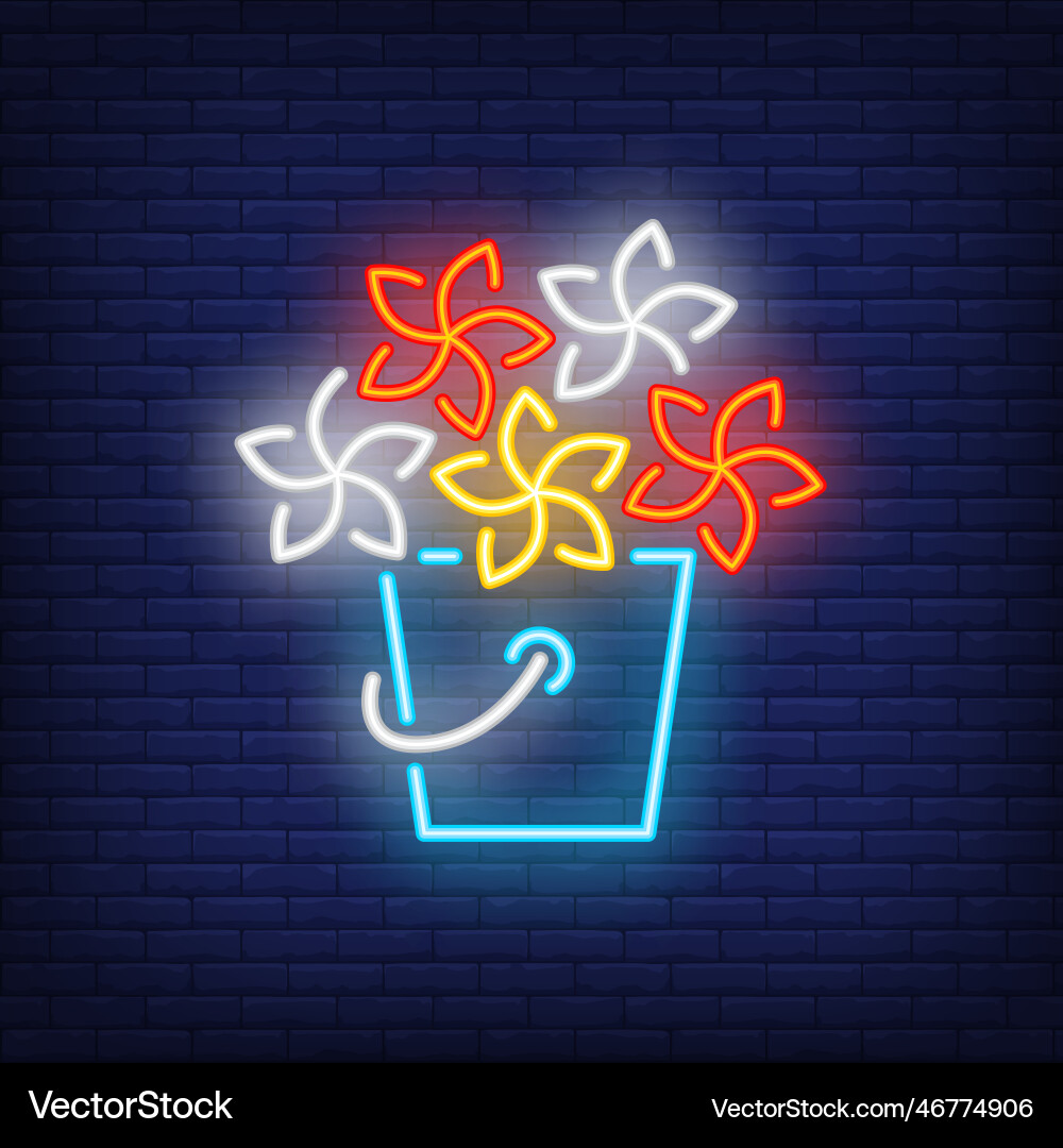 Bucket with flowers neon sign Royalty Free Vector Image
