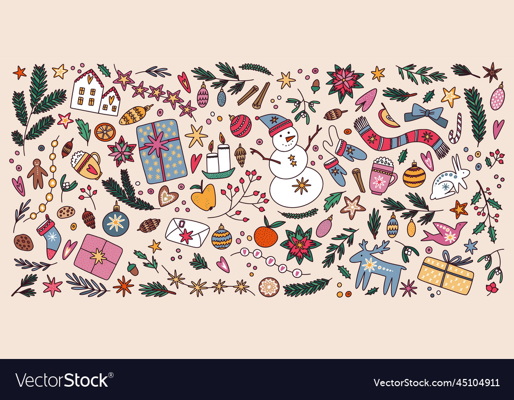 Winter doodle set cute snowman hand drawn Vector Image