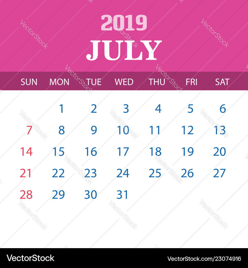 2019 calendar template - july Royalty Free Vector Image