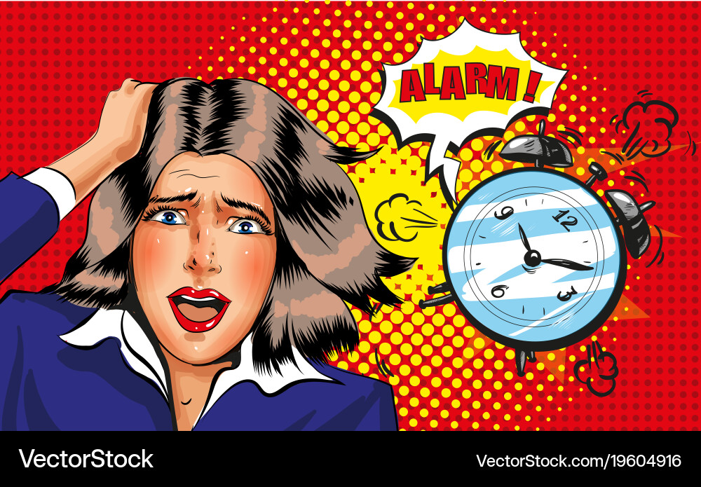 Pop art panic girl with alarm clock Royalty Free Vector