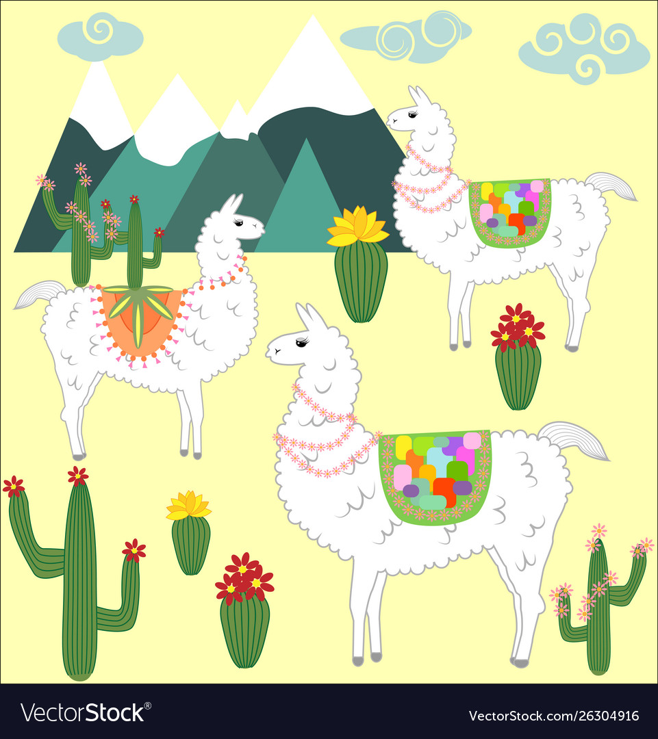 Three llama alpaca white color with bright Vector Image