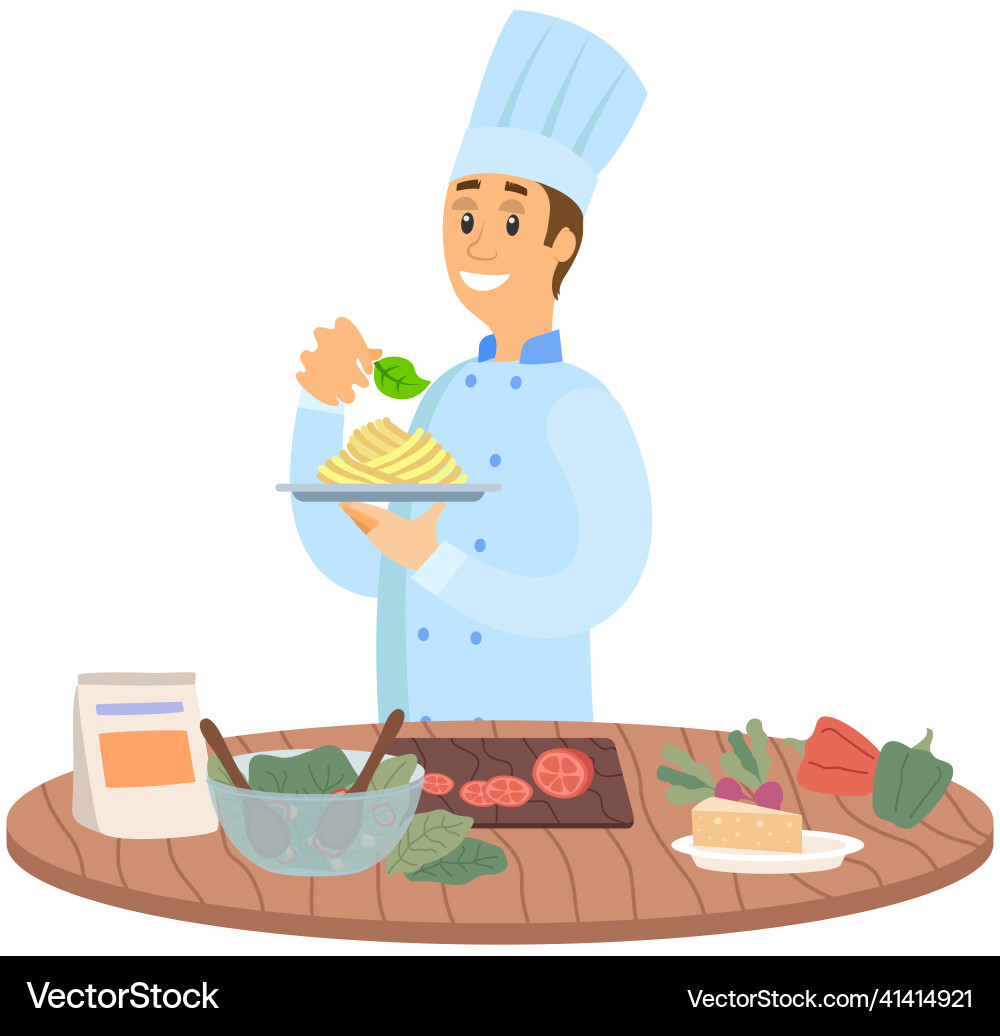 Chef standing with plate of pasta dish italian Vector Image