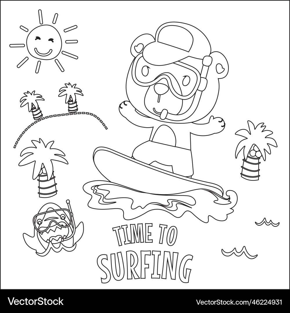 Surfing time with cute little bear at summer Vector Image