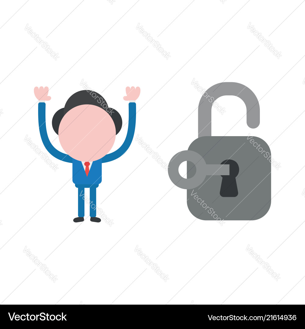 Businessman character unlock padlock with key Vector Image