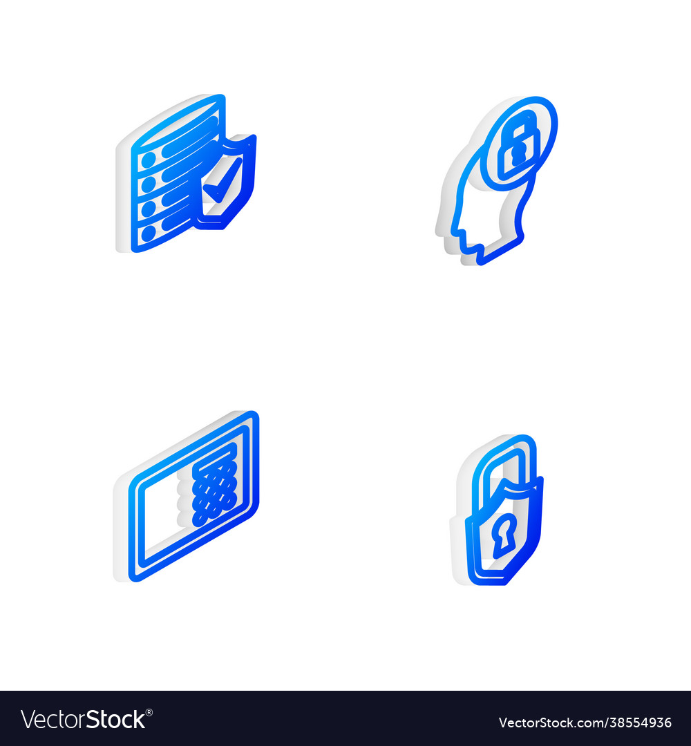 Set isometric line human head with lock server Vector Image