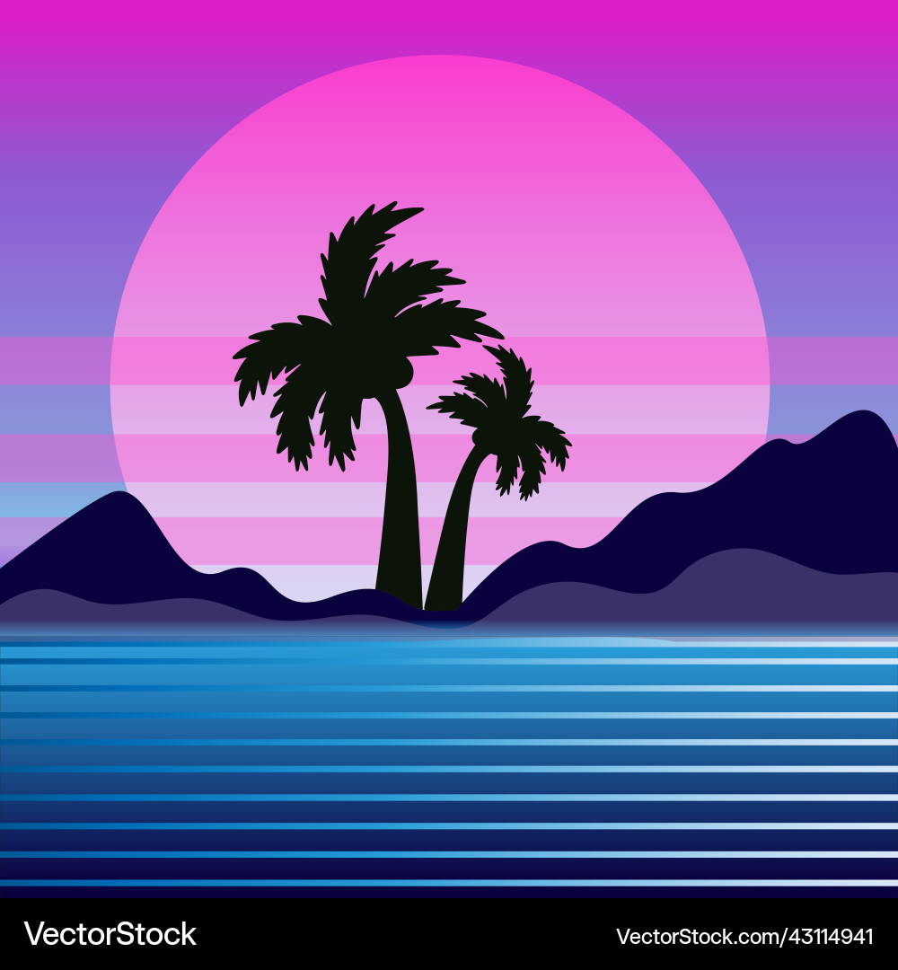 Sunset with palm trees in retrowave grunge style Vector Image