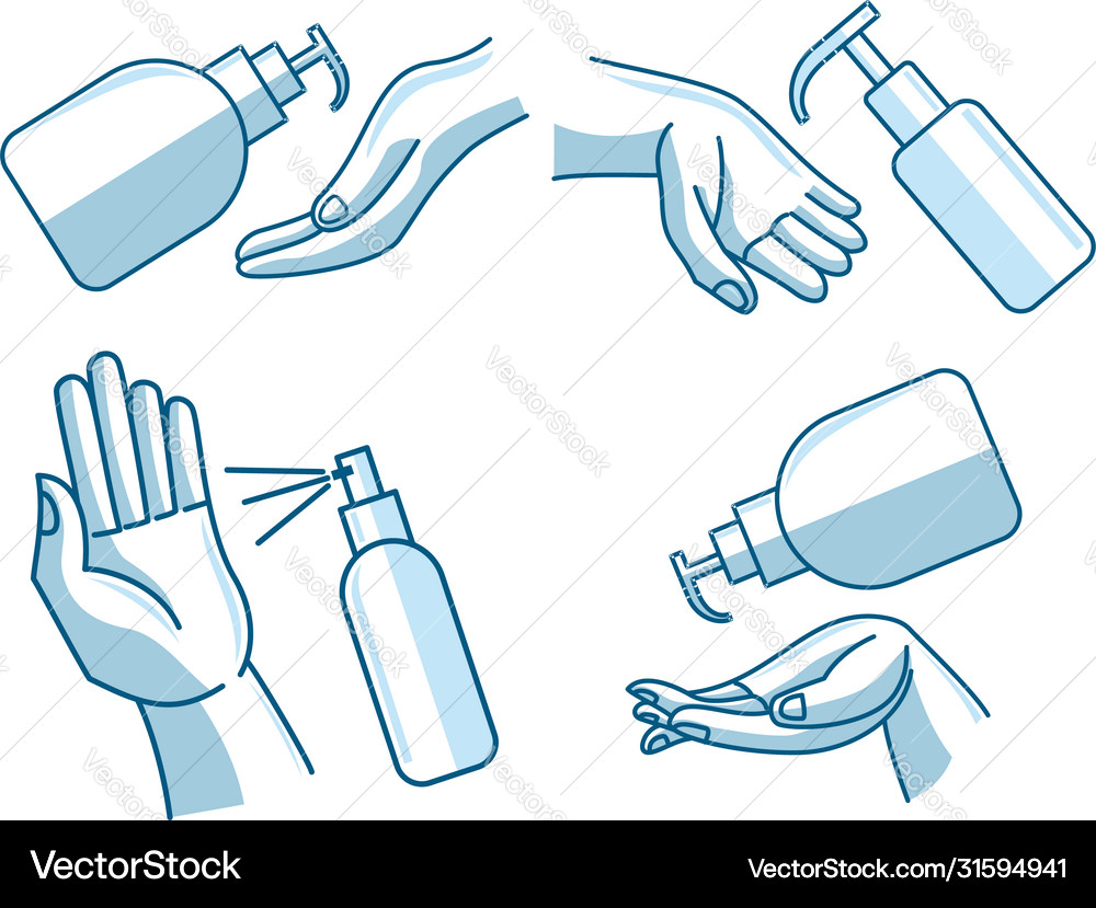 Washing hand with sanitizer liquid soap icon set Vector Image