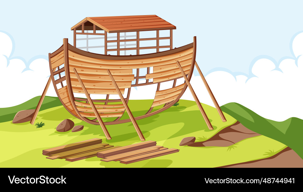 Wooden boat in process building with nature Vector Image