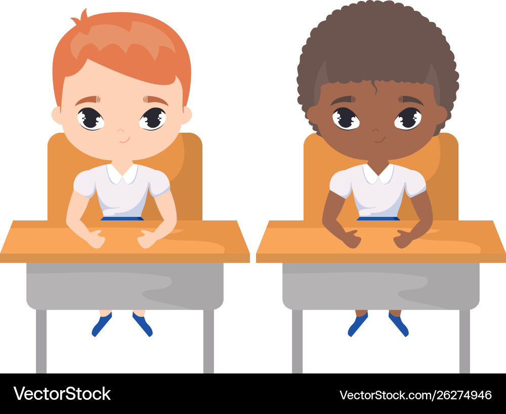 Little students seated in school desks Royalty Free Vector