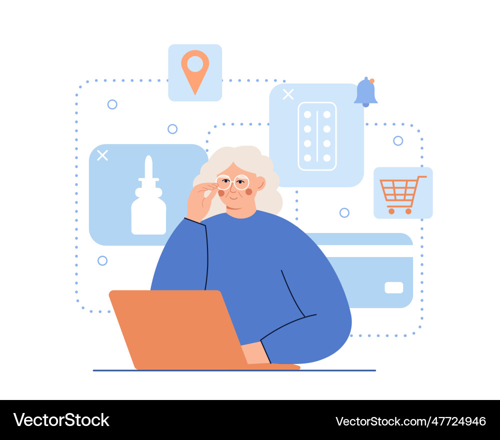 Senior lady searching for medicine using laptop Vector Image