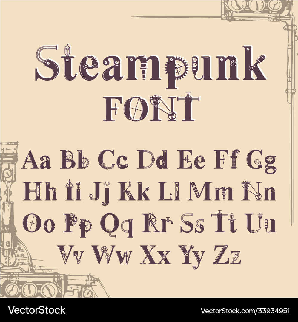 Alphabet steampunk font from gears and mechanical Vector Image