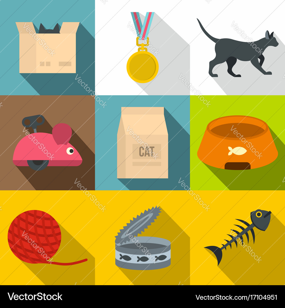 Cat care icon set flat style Royalty Free Vector Image