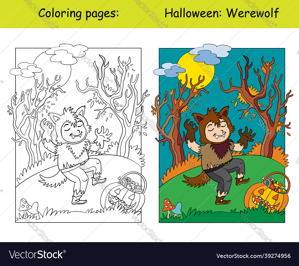 Coloring and colorful halloween in werewolf Vector Image