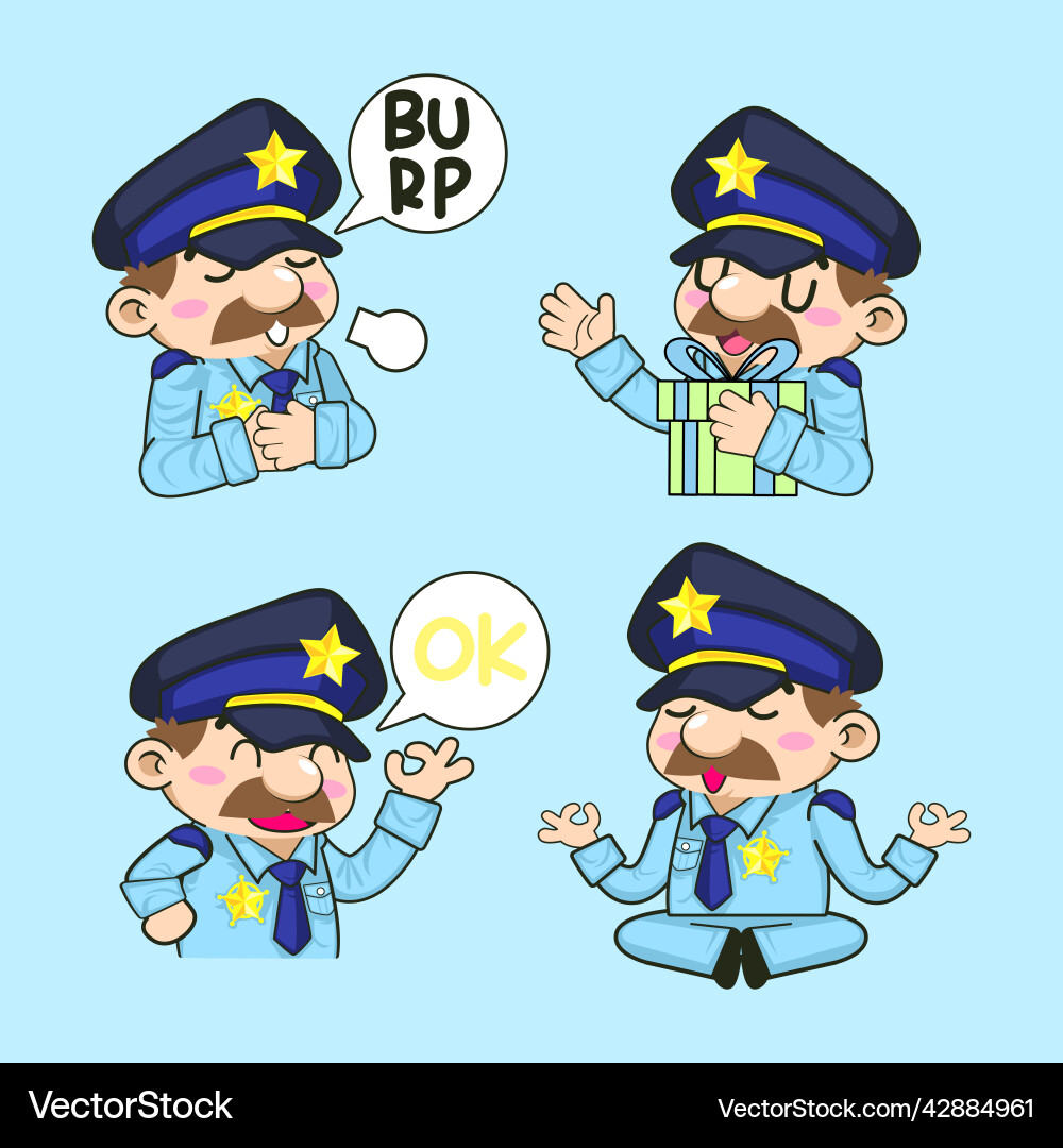 Cute policeman sticker mascot poice set Royalty Free Vector