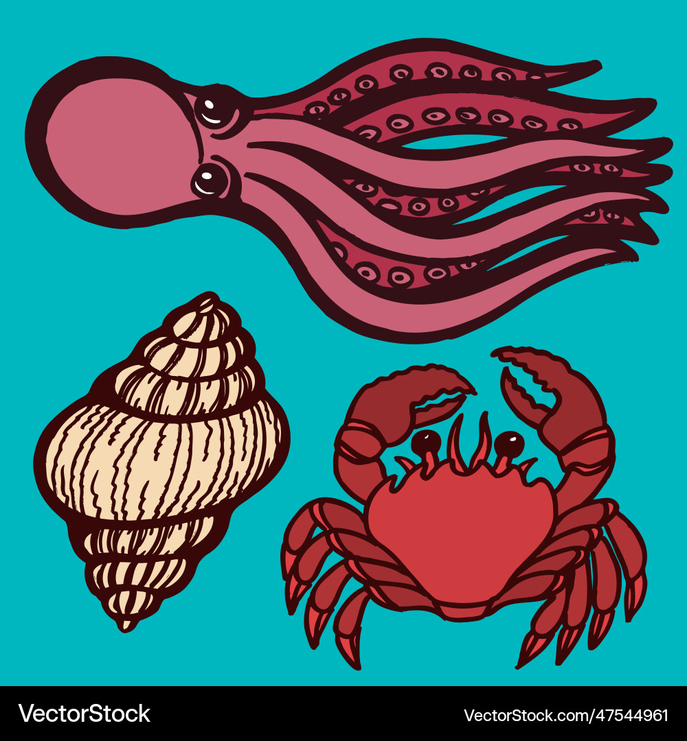 Marine inhabitants octopus crab and shellfish Vector Image