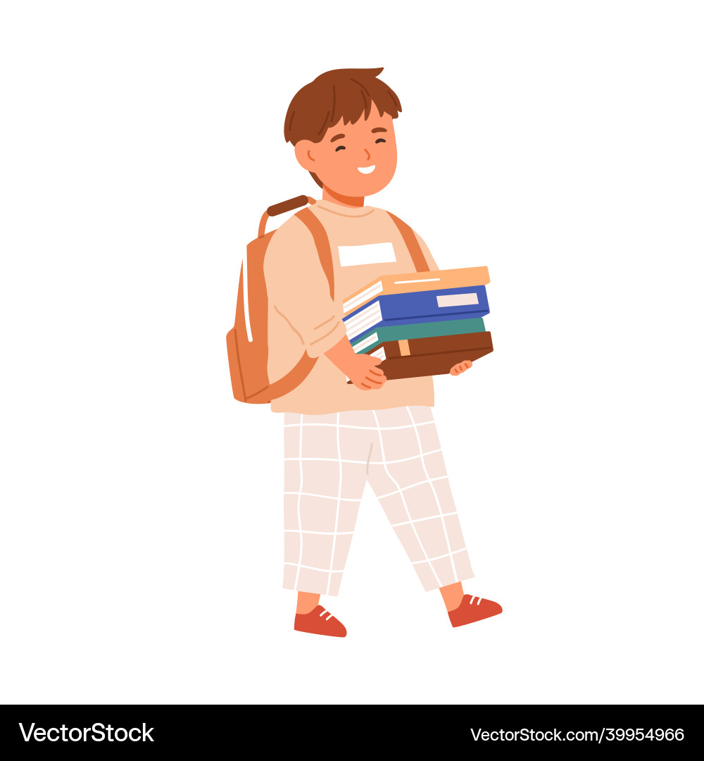 Happy kid walking with stack of books in hands Vector Image