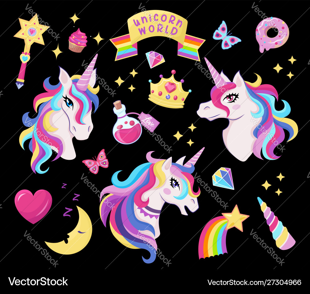 Magic unicorn icon set with magic wand stars Vector Image