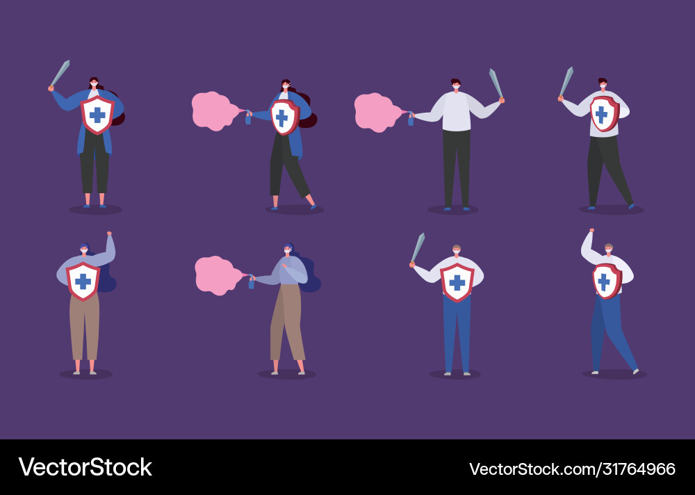 People with masks shield sword and spray fight Vector Image