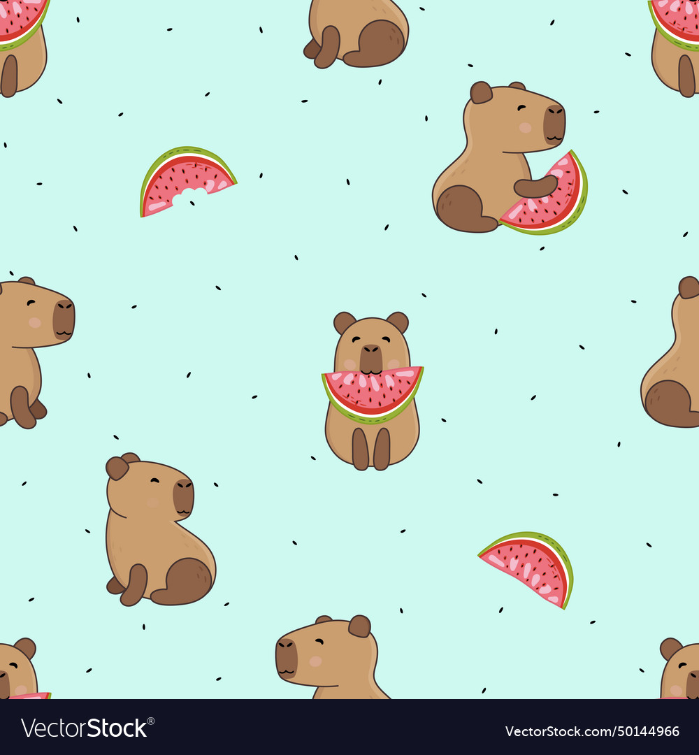 Seamless pattern with funny baby capybaras eating Vector Image