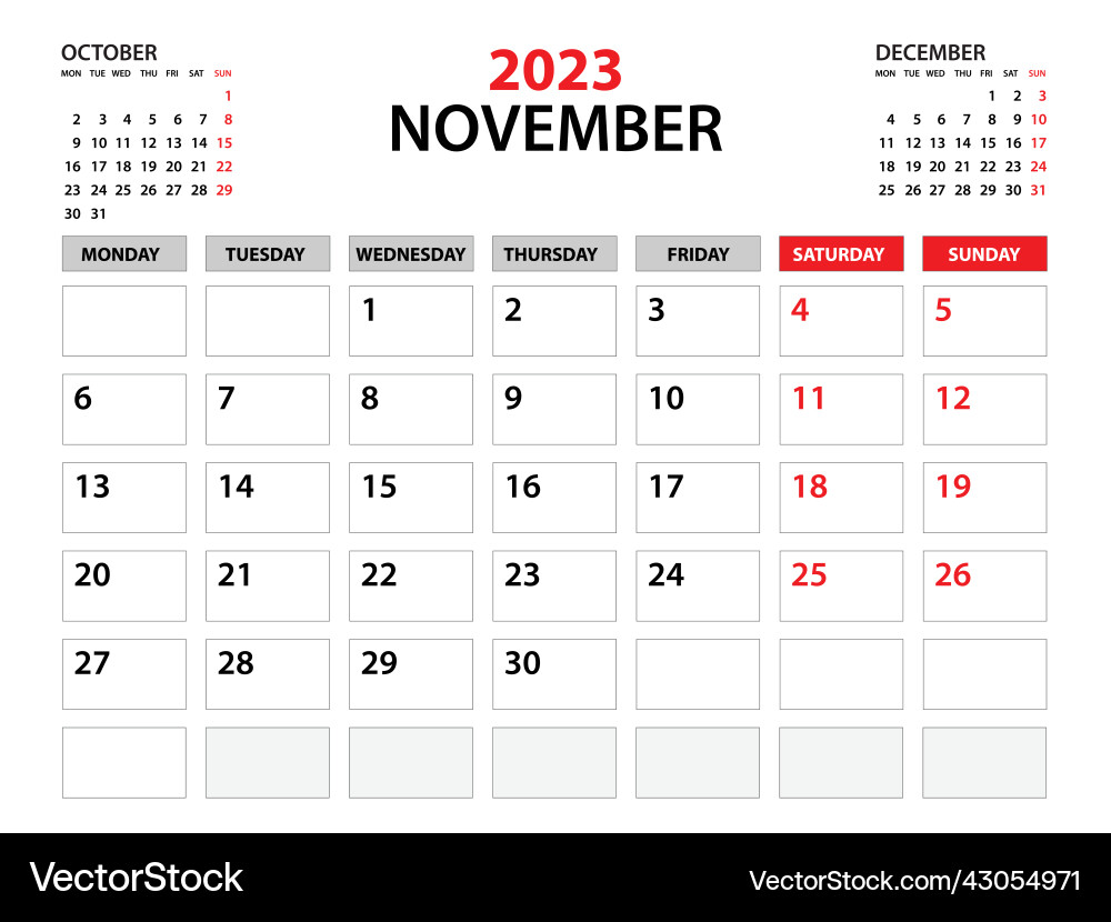 Calendar 2023 template - november 2023 year Vector Image