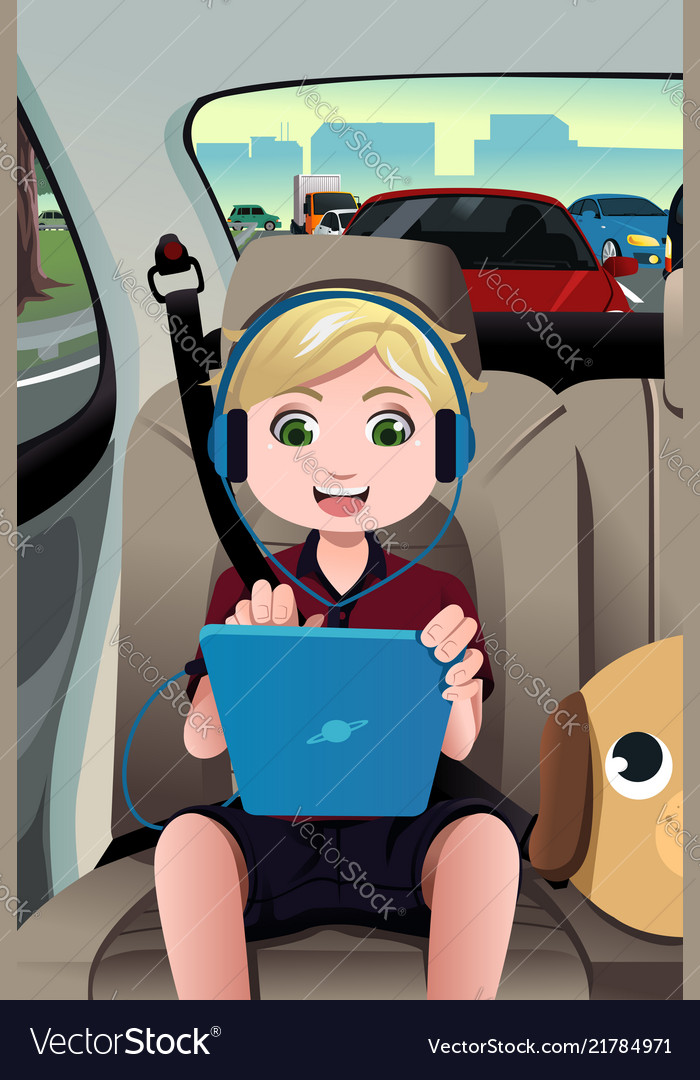 Kid riding a car using tablet Royalty Free Vector Image