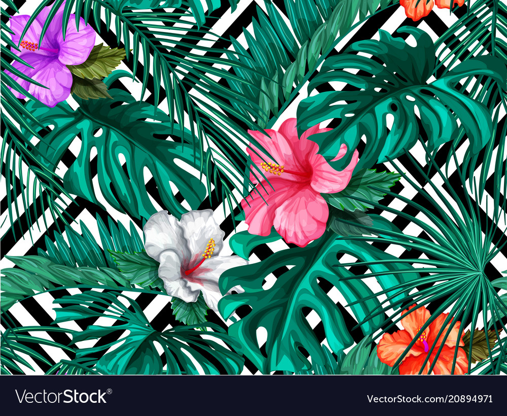 Tropical Leaves Hibiscus Seamless Pattern Vector Image