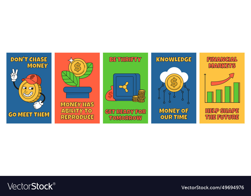 Money posters cartoon coin stickers rich finance Vector Image