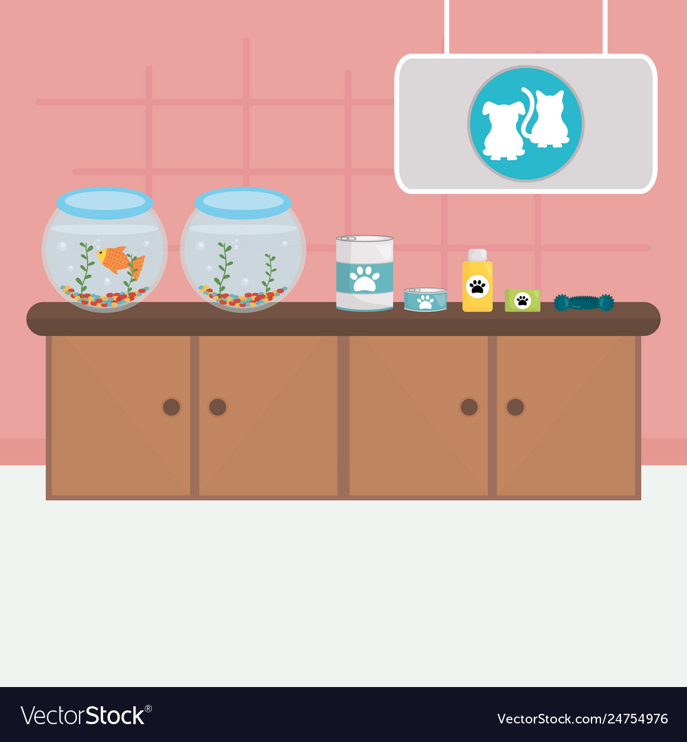 Pet shop wooden drawer with aquariums and products