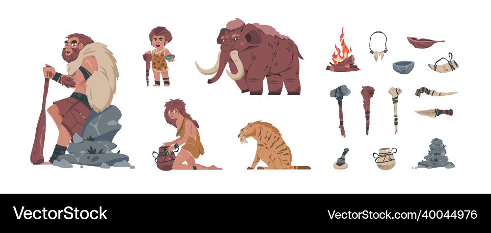 Primitive men cartoon prehistoric family Vector Image