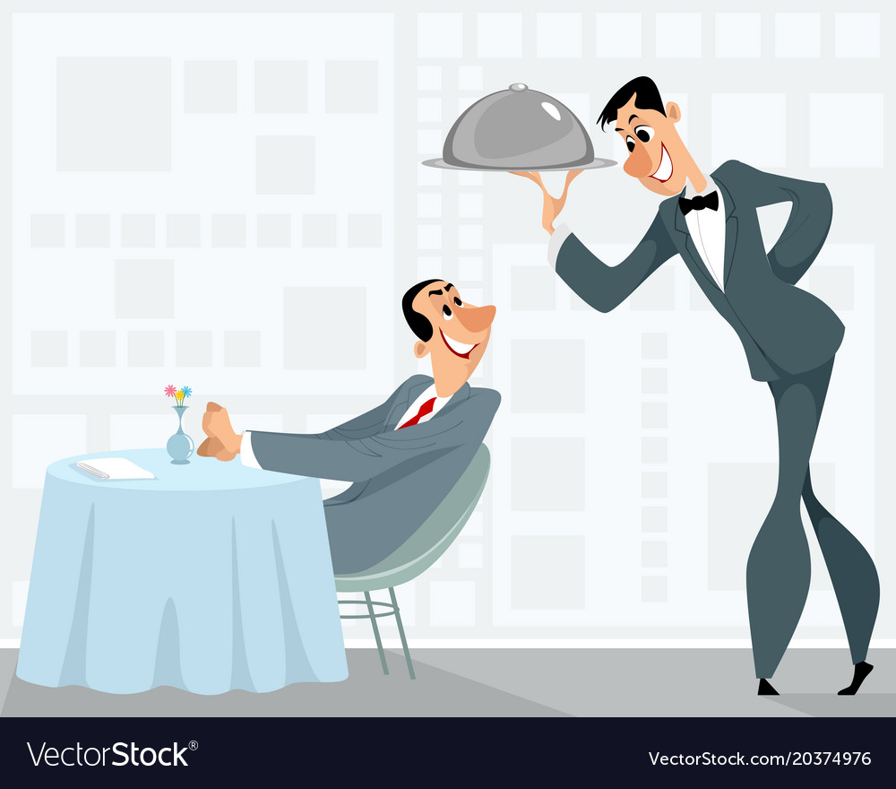 Waiter and satisfied customer Royalty Free Vector Image Waiter and satisfied customer Royalty Free Vector Image